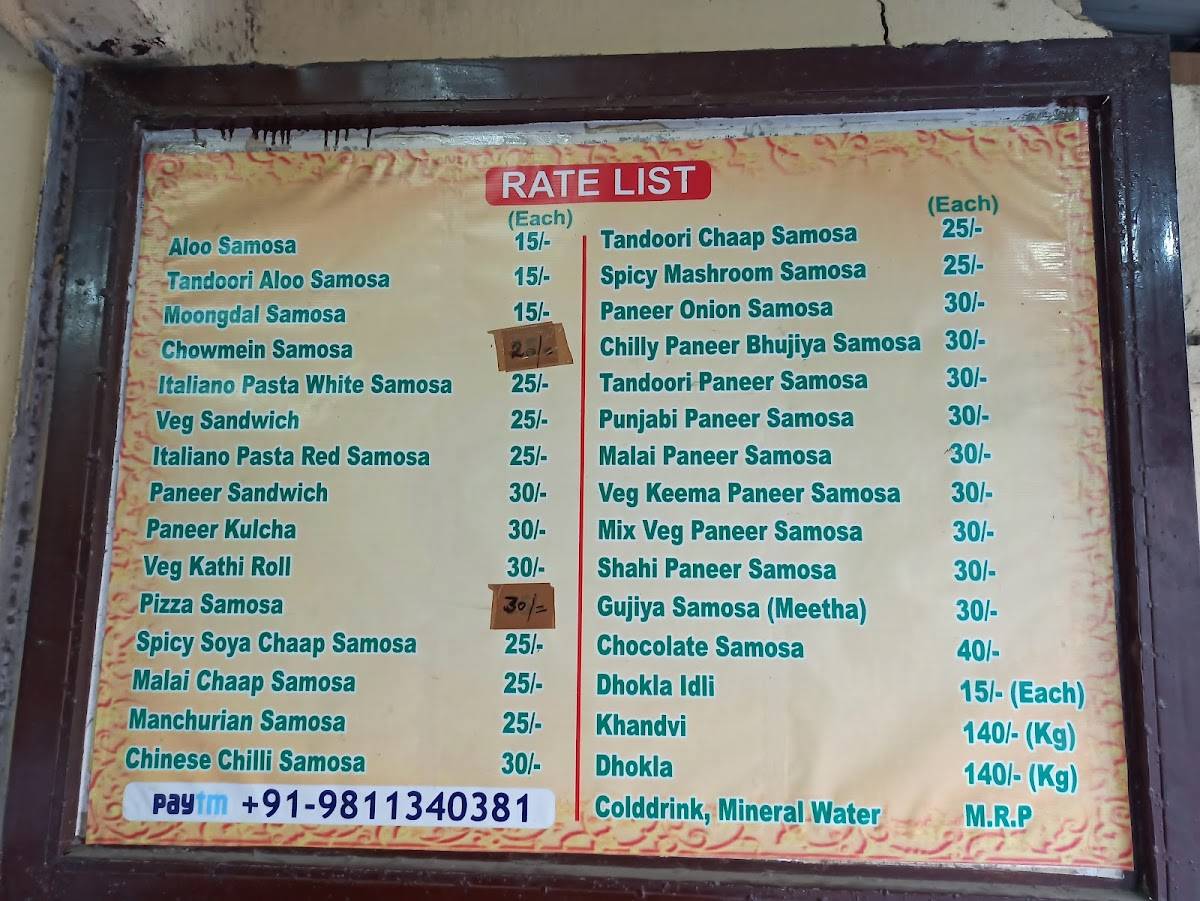 Menu at Kumar Samosa Wala, New Delhi