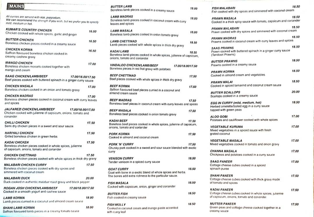 Menu at Kumar's Something Special restaurant, Paeroa