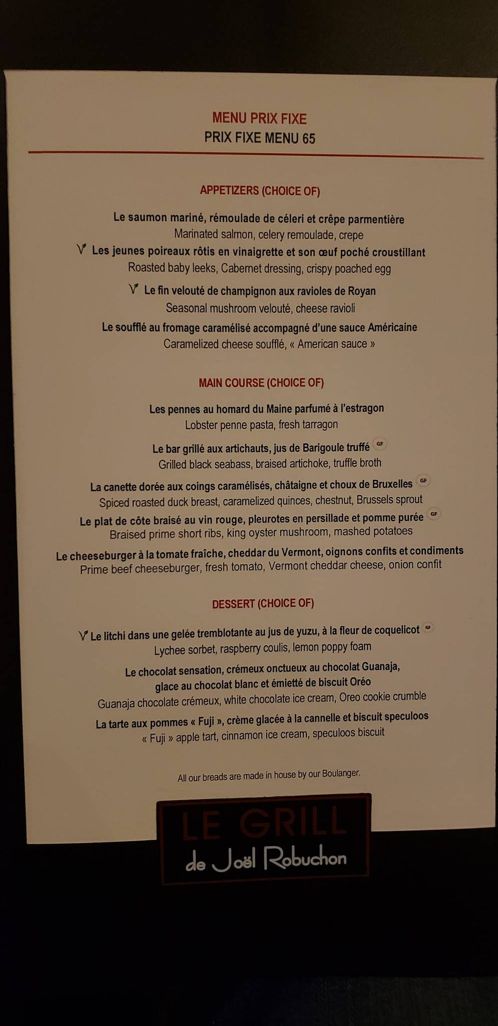 Menu at L'Atelier de Joël Robuchon restaurant, New York City, 85 10th Ave