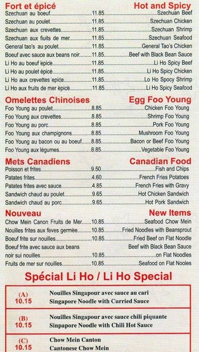 Menu au Restaurant Nouveau Li Ho, Gatineau