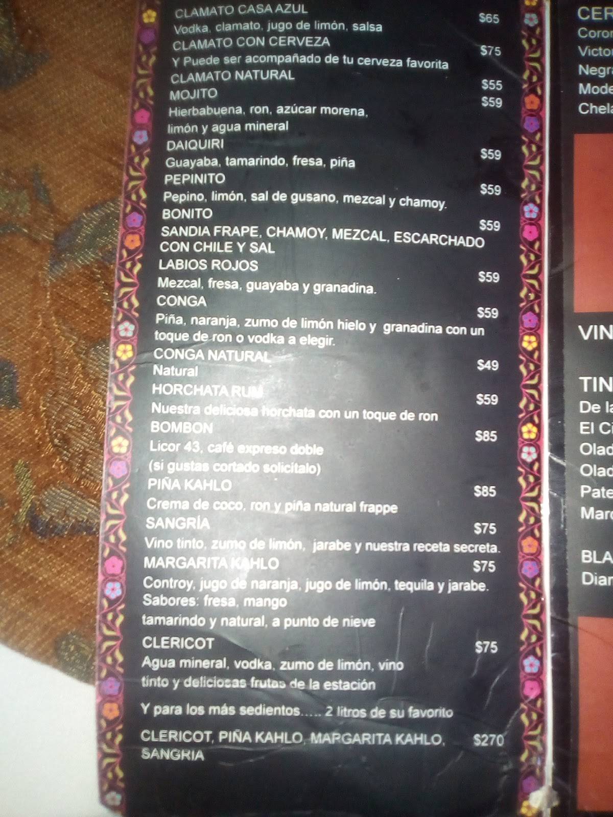 Carta del restaurante La Casa De Frida Sucursal Pirámide, Cholula