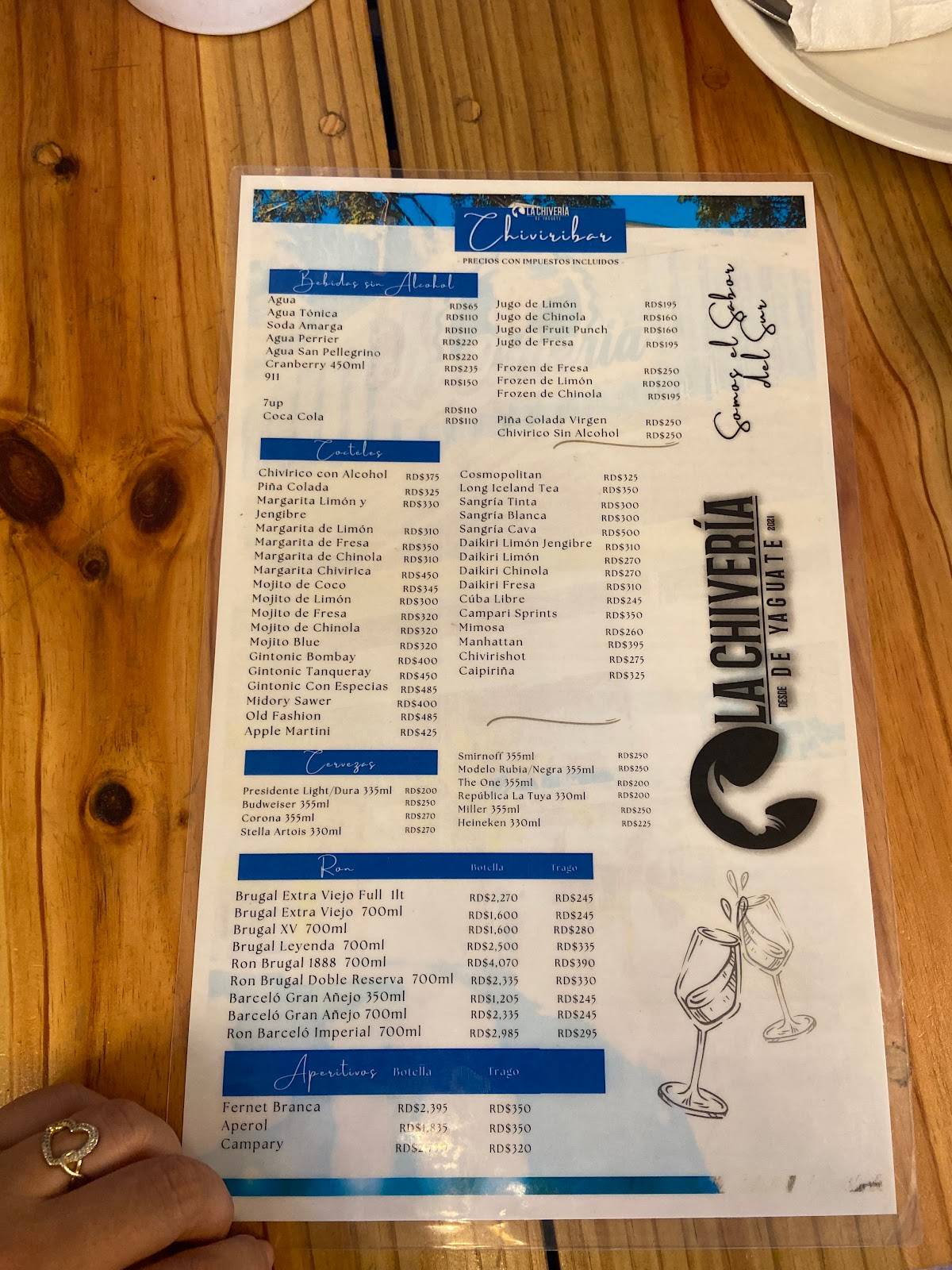 Carta del restaurante La Chivería del Yaguate, Dominicana