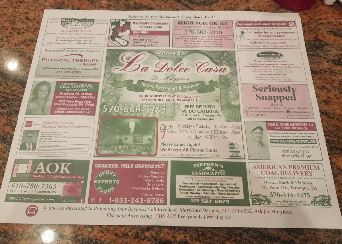 Menu at La Dolce Casa - DiMaggio's restaurant, Tamaqua