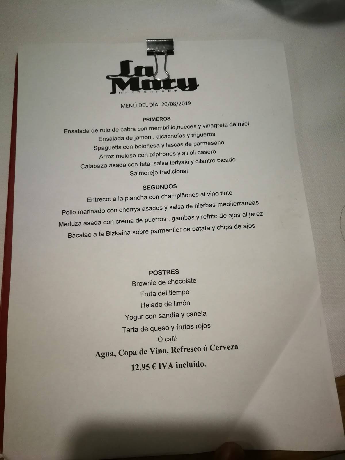 Carta del restaurante La Mary Bilbao, Bilbao