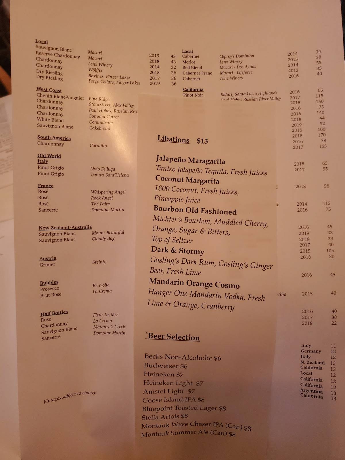 Menu at La Plage restaurant, Wading River