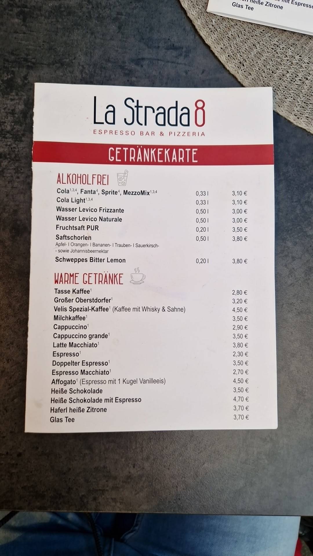 Speisekarte von La Strada 8 - Espresso Bar & Pizzeria, Oberstdorf