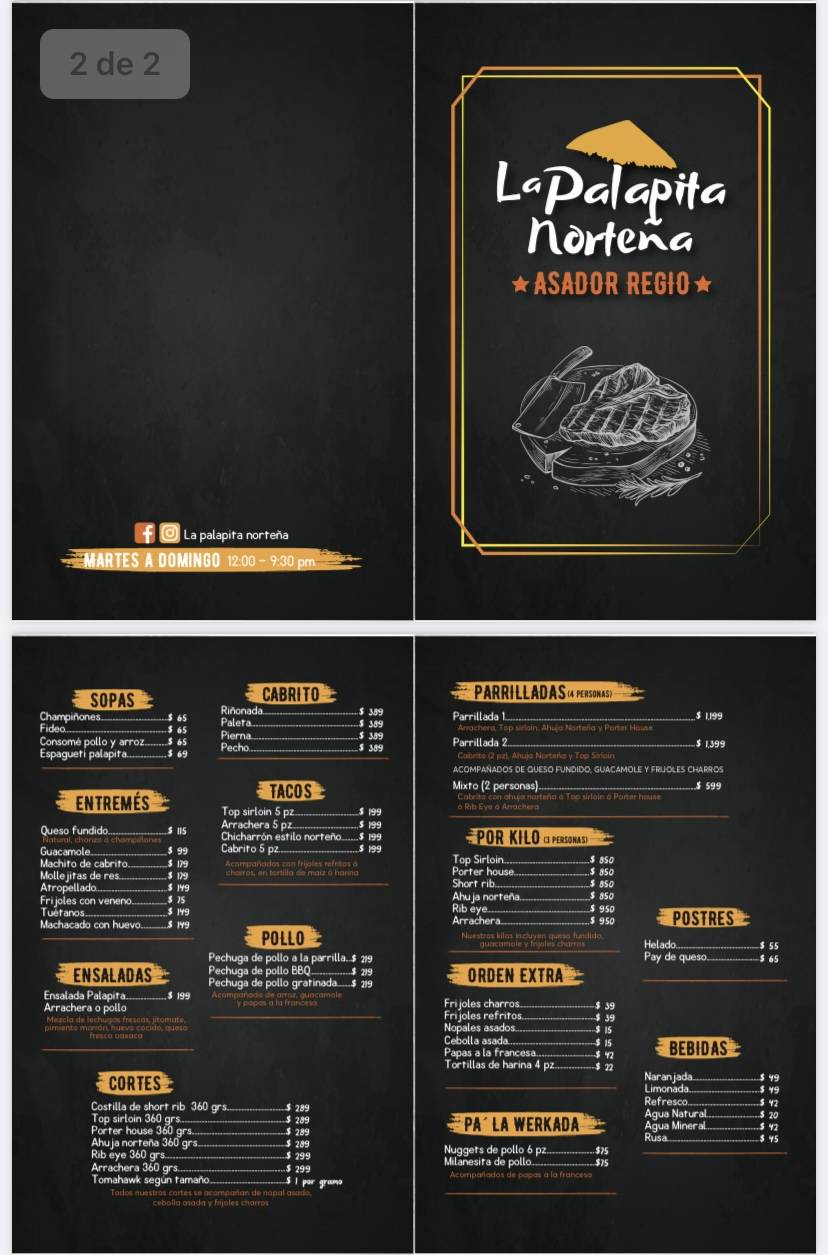 Menu at La palapita norteña restaurant, Santiago de Querétaro