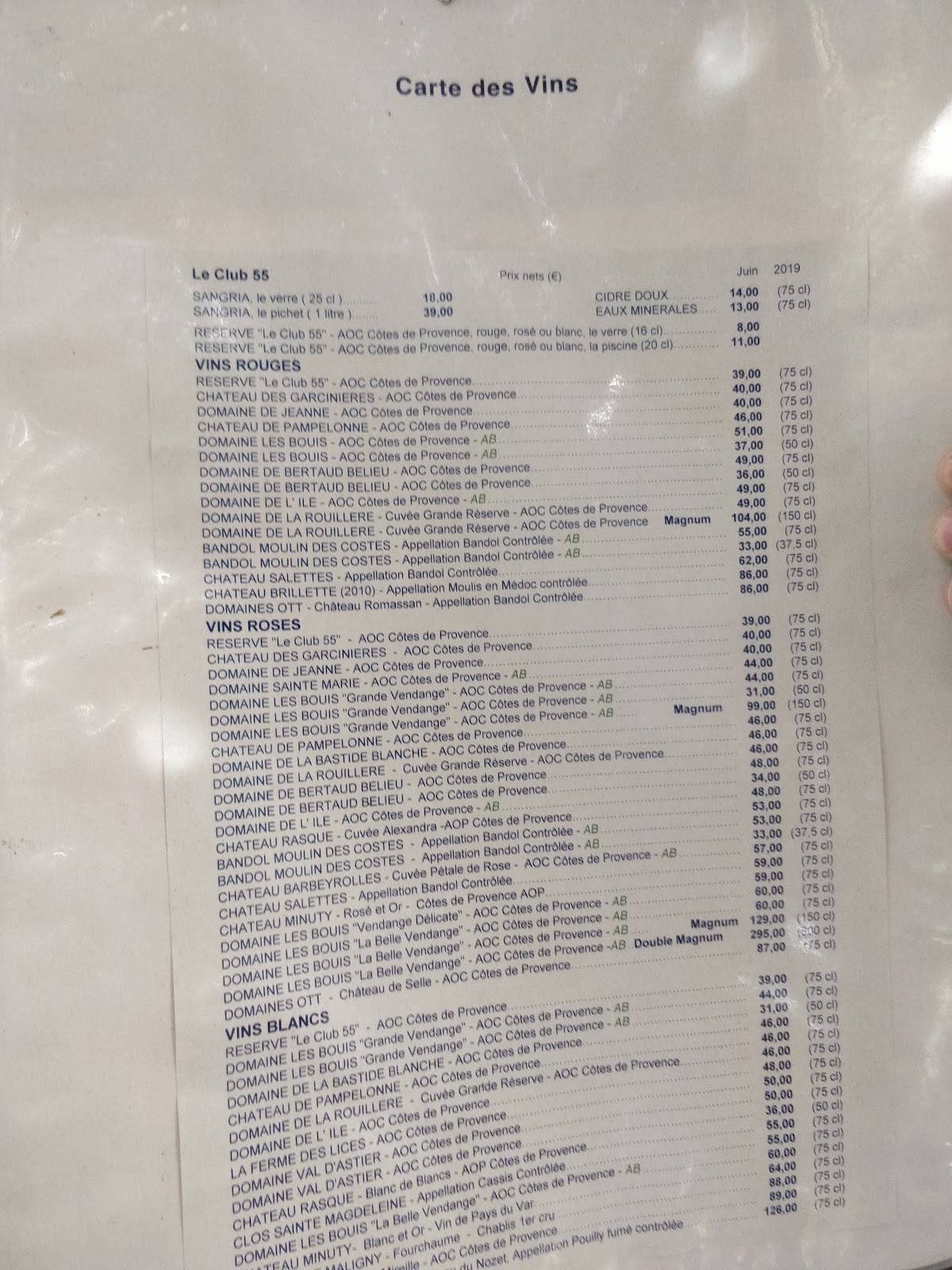 Menu at Le Club 55, Ramatuelle