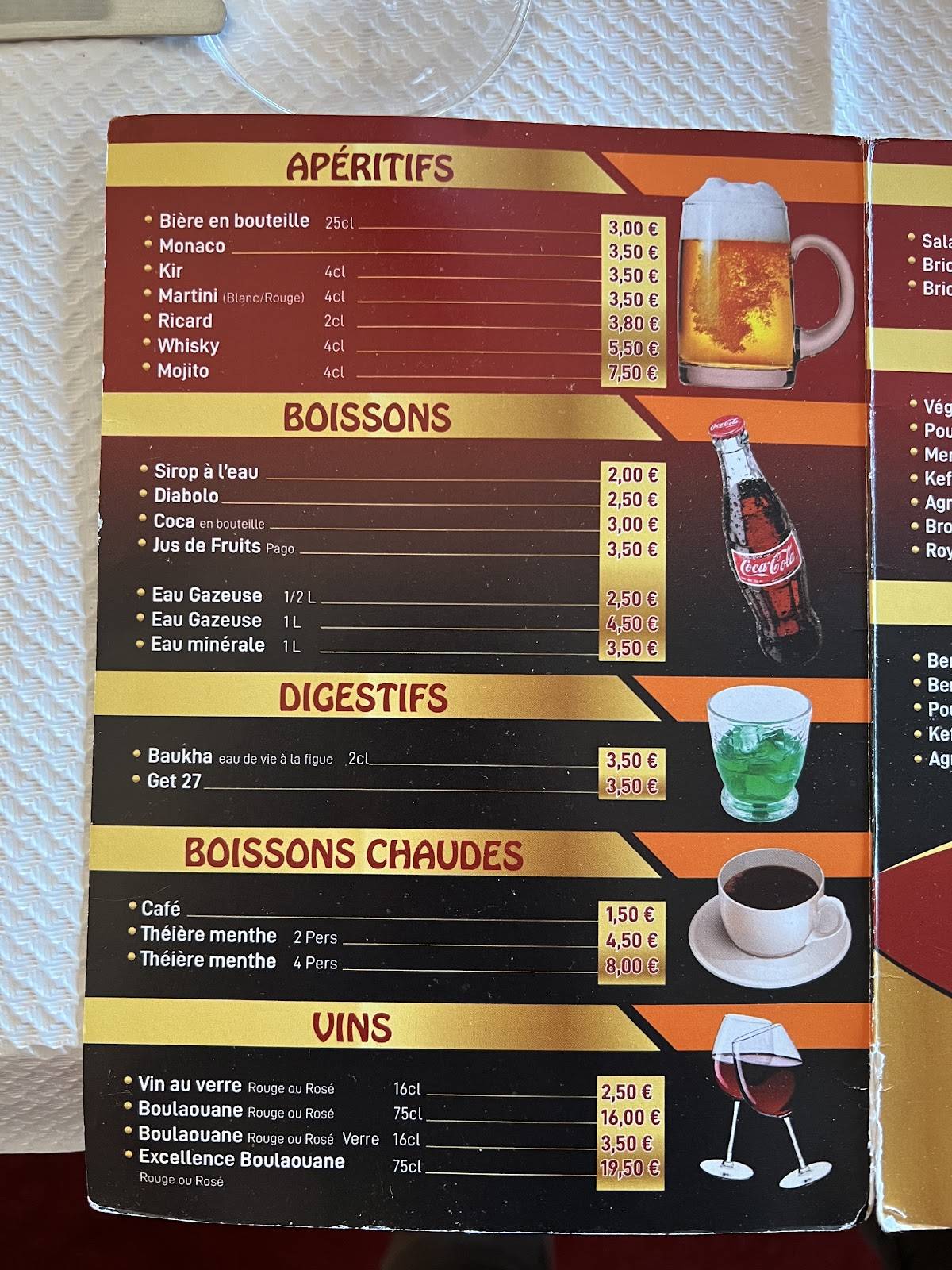 Menu au Restaurant Le Marrakech, Langon