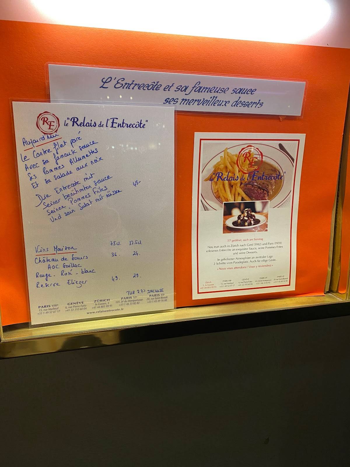 Menu da Le Relais de l'Entrecote Zürich, Zurigo