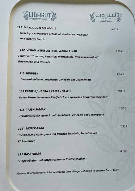 Speisekarte von Libeirut restaurant, Düsseldorf