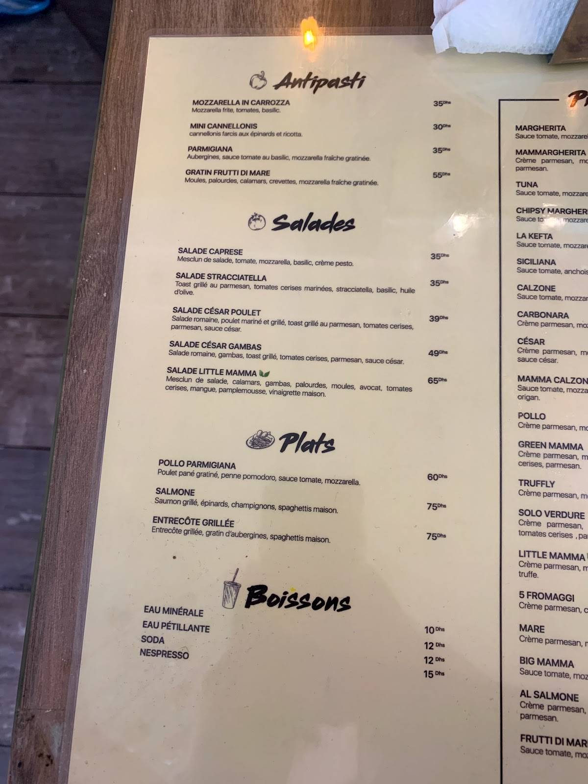 Menu au Little Mamma restaurant, Casablanca, Rue Kaid al Achtar