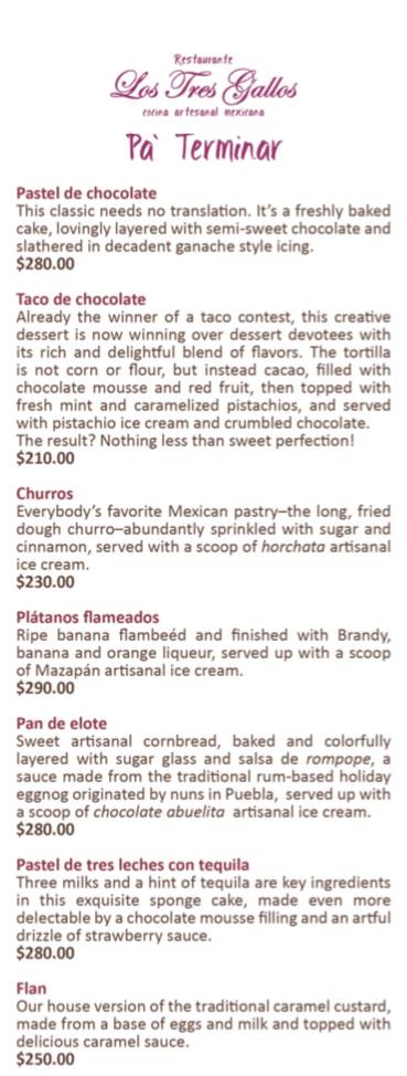 Menu at Los Tres Gallos restaurant, San José del Cabo