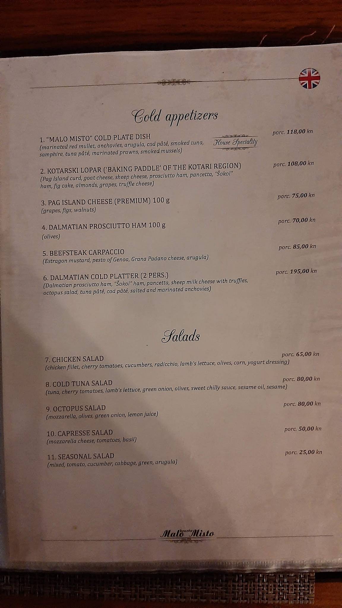 Menu at Restaurant Malo Misto, Zadar
