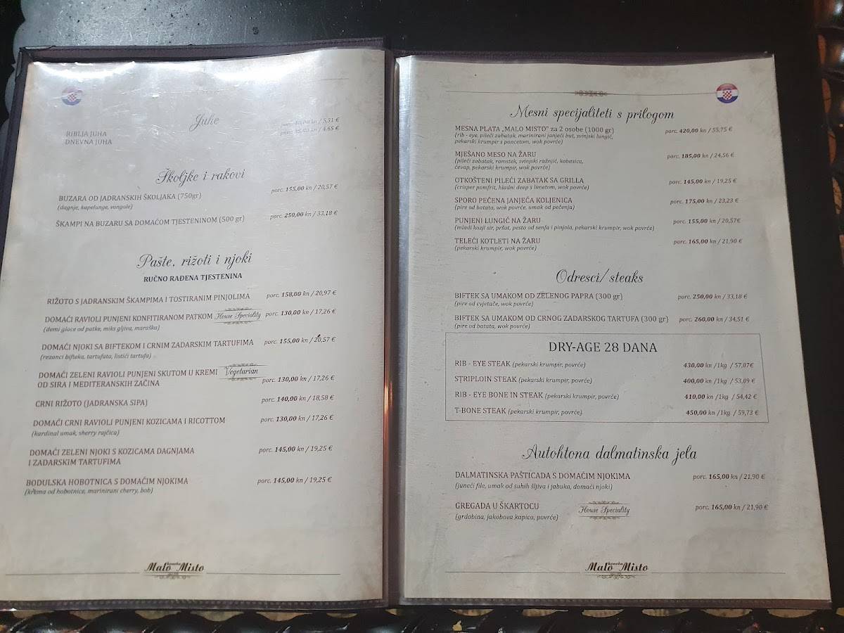 Menu at Restaurant Malo Misto, Zadar