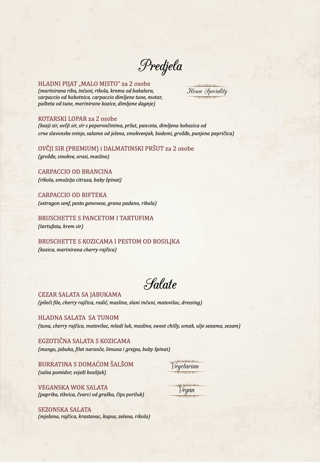 Menu at Restaurant Malo Misto, Zadar