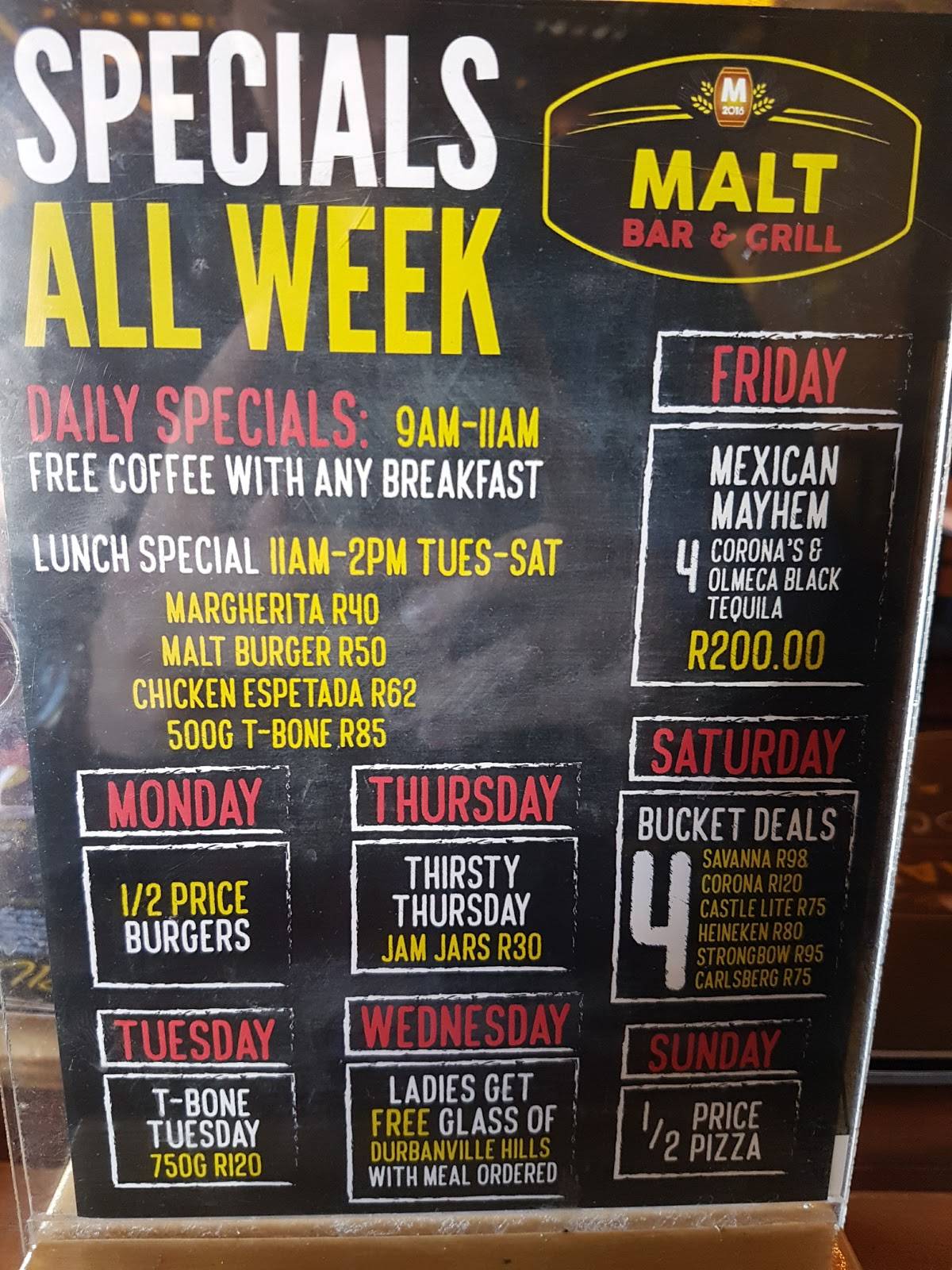 Menu at Malt Bar & Grill, Pretoria