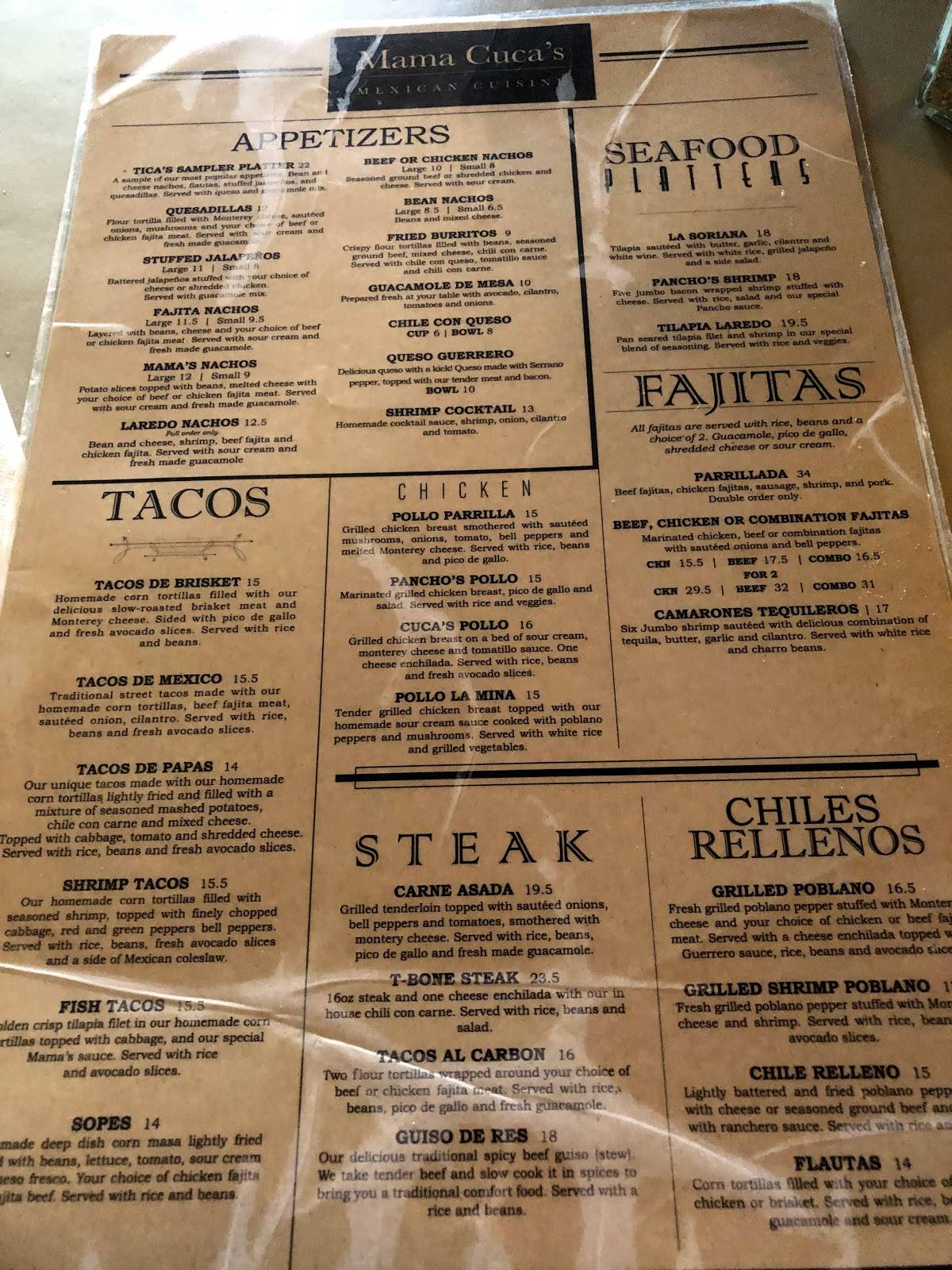Menu at Mama Cuca's Mexican Cuisine restaurant, Mansfield