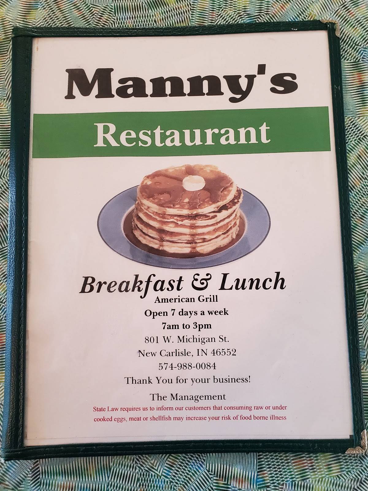 Menu at Manny's Restaurant, New Carlisle