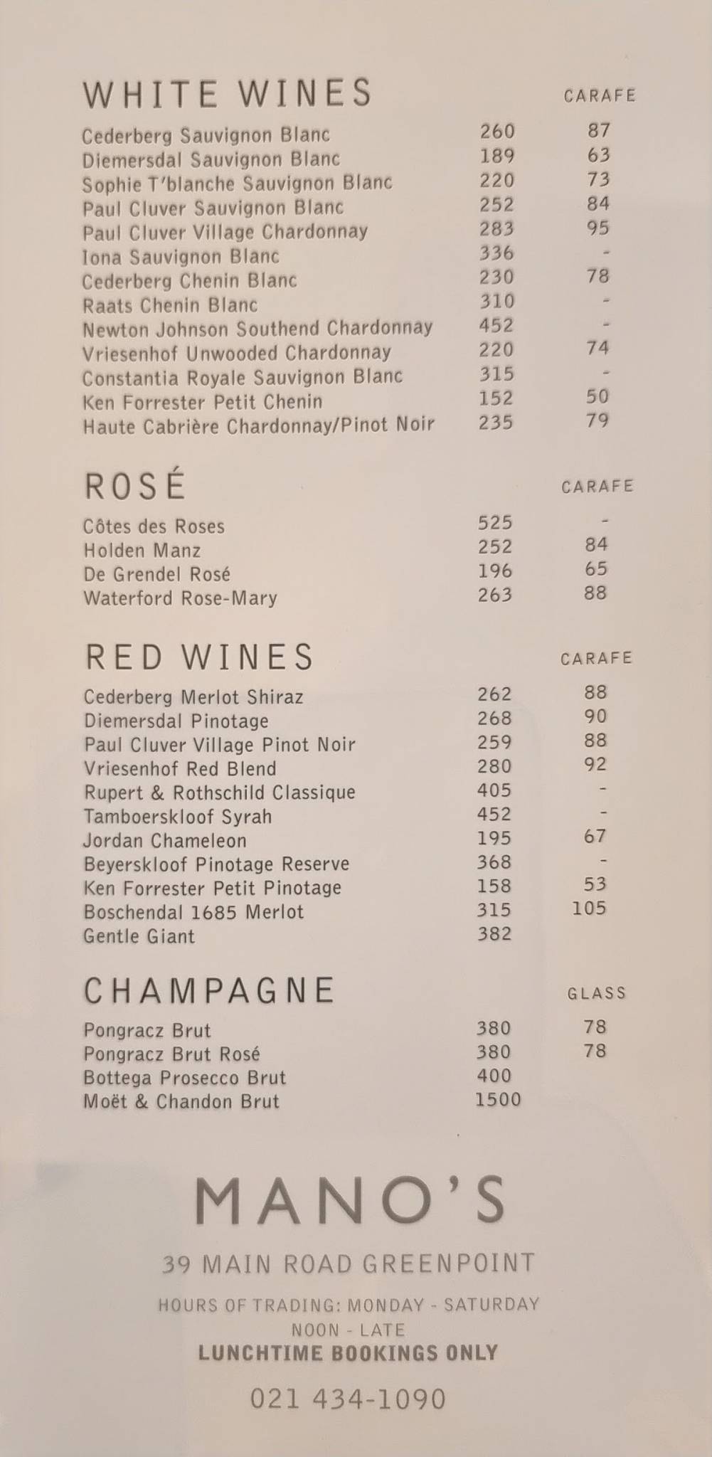 Menu at Mano's restaurant, Cape Town