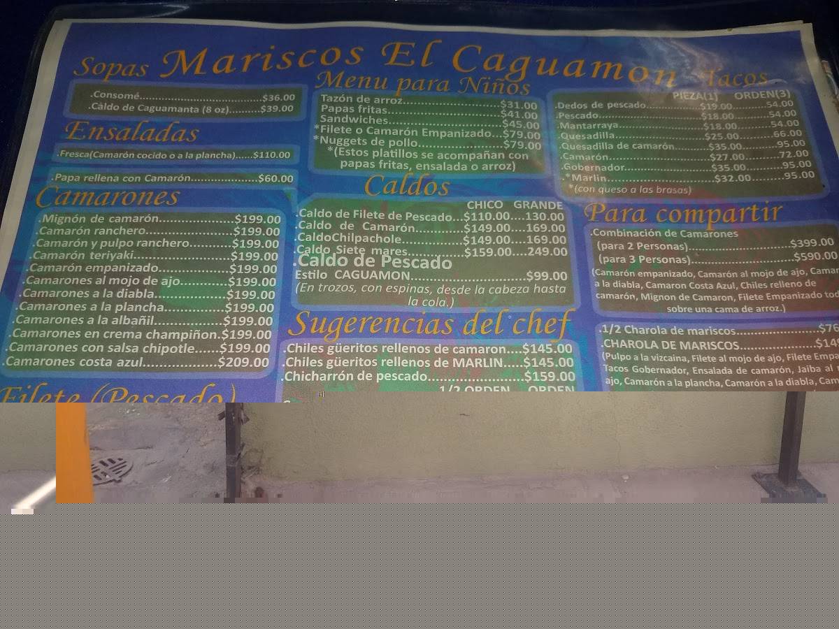 Menu at Mariscos El Caguamón restaurant, Mexicali