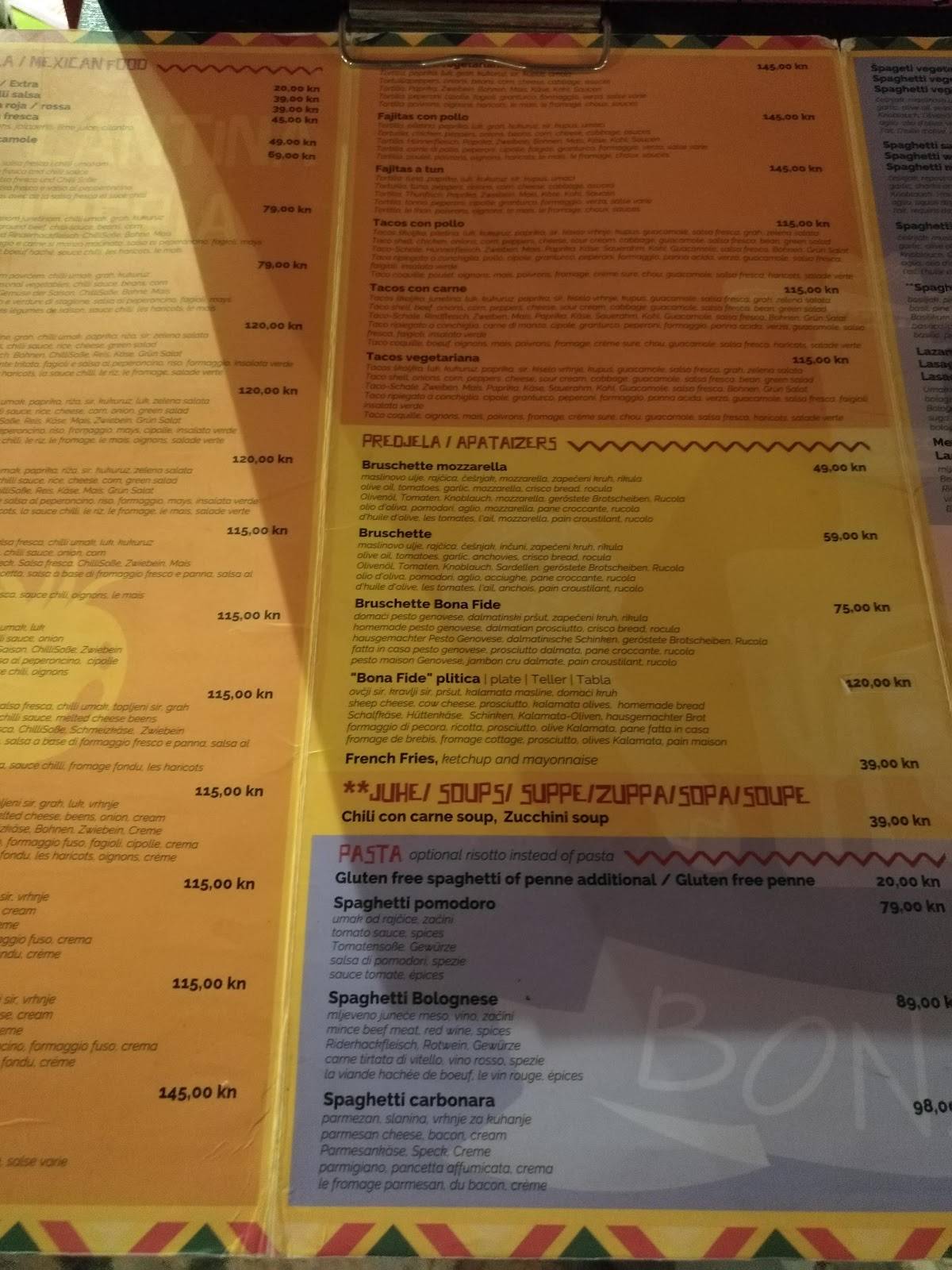 Menu at Mex Cantina Bona Fide restaurant, Dubrovnik