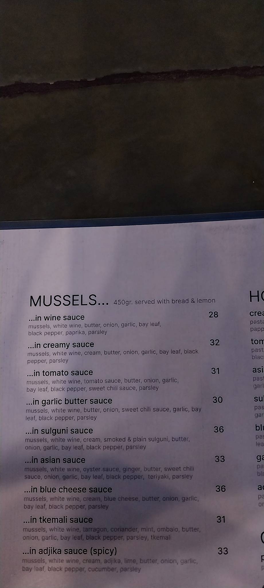 Menu at Mussels Place restaurant, Tbilisi