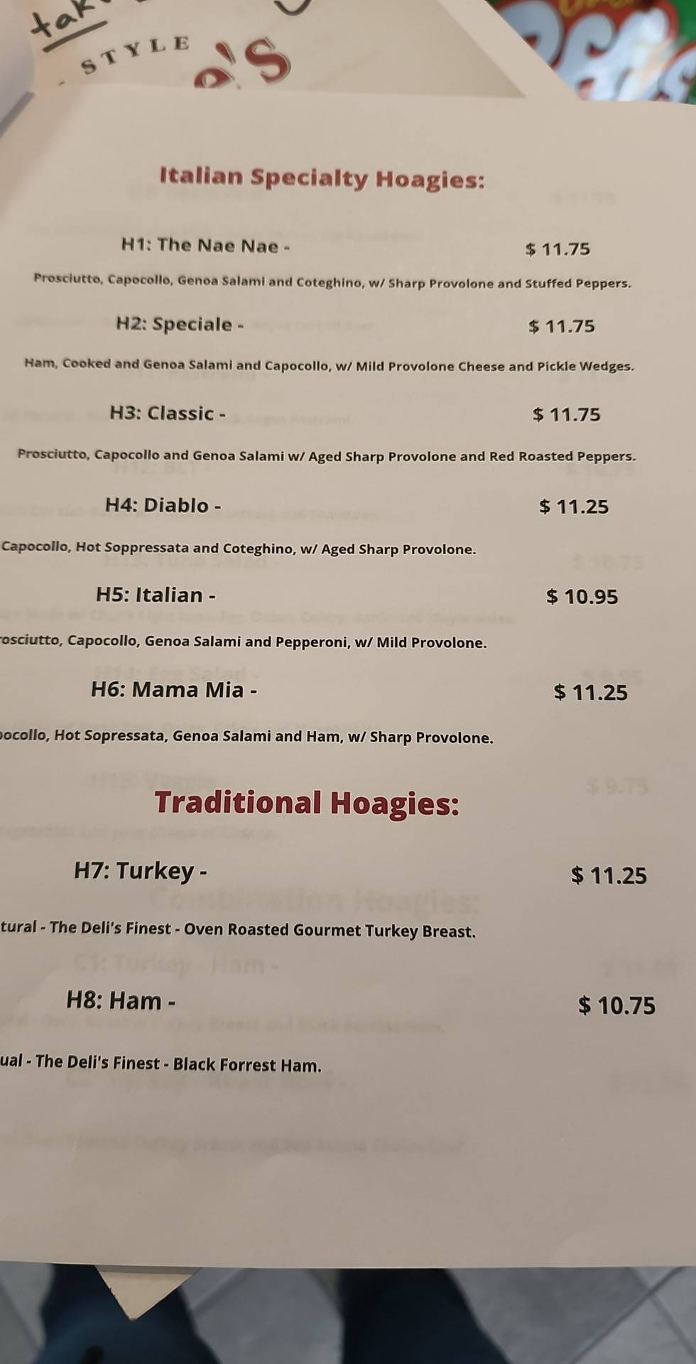 Menu at Nae Nae's restaurant, Halifax