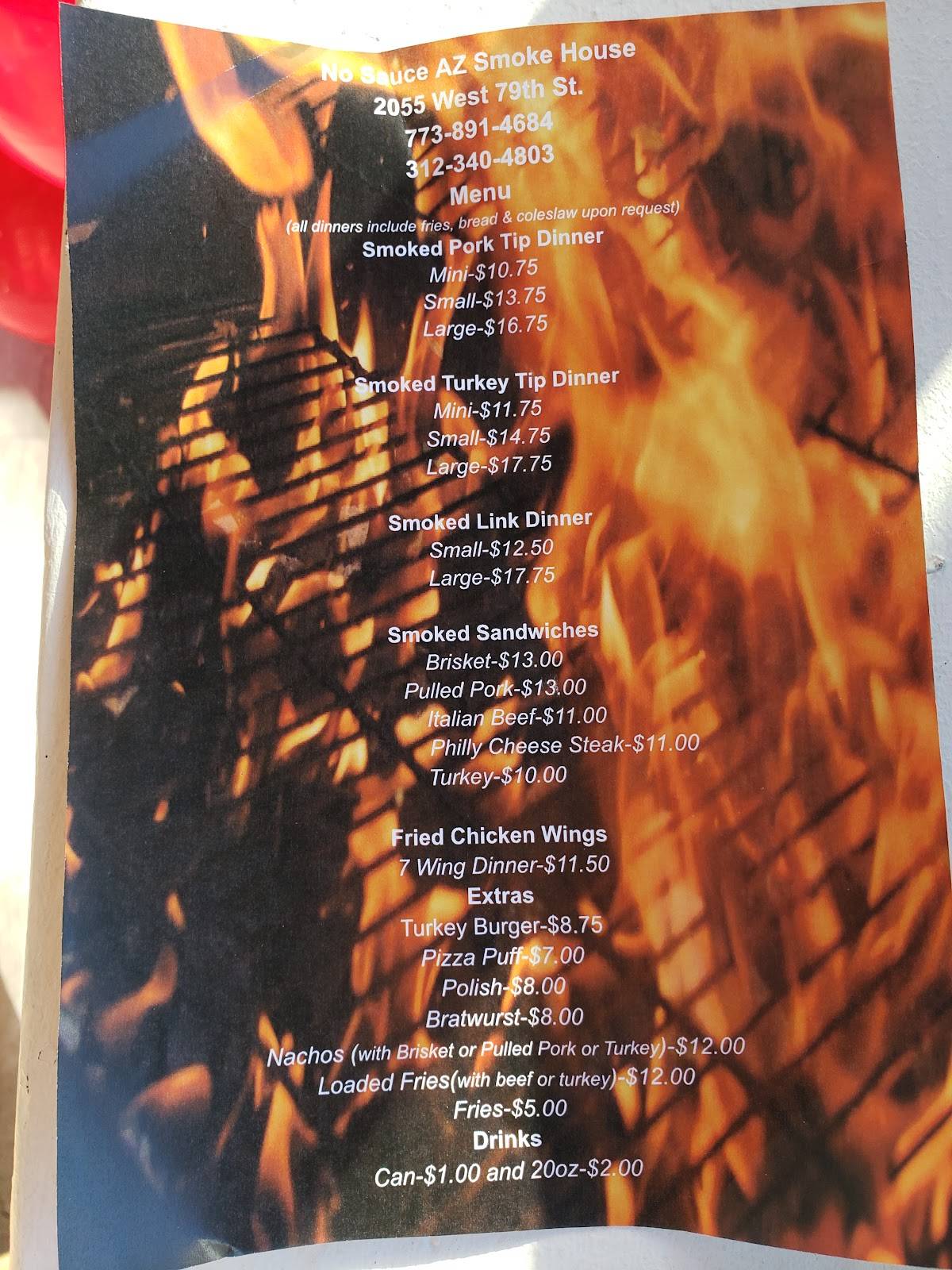 Menu at No Sauce AZ Smokehouse restaurant, Chicago