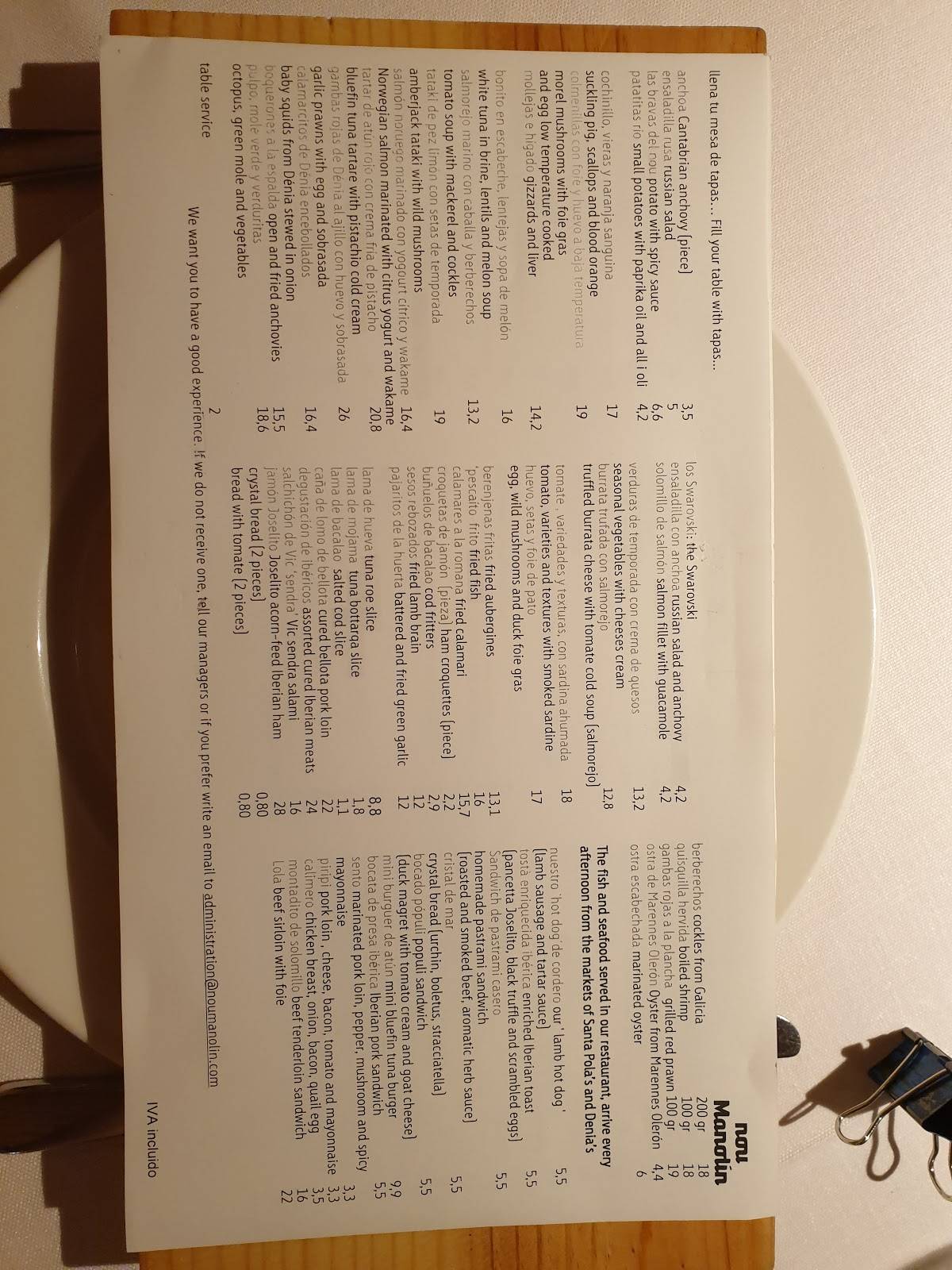 Carta del restaurante Nou Manolín, Alicante, Calle Villegas