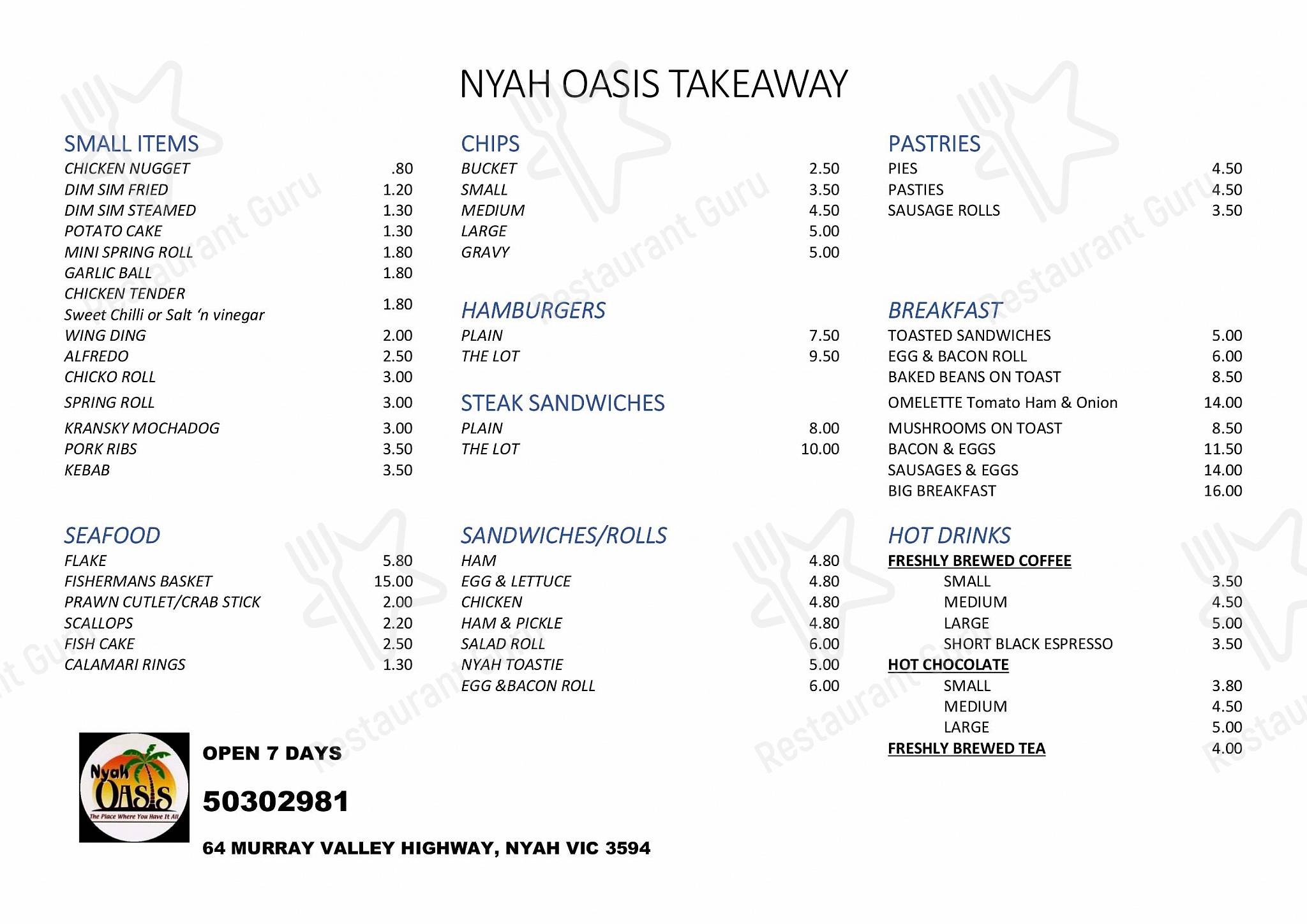 Menu at NYAH OASIS BAR CHINESE RESTAURANT AND ROADHOUSE, Nyah