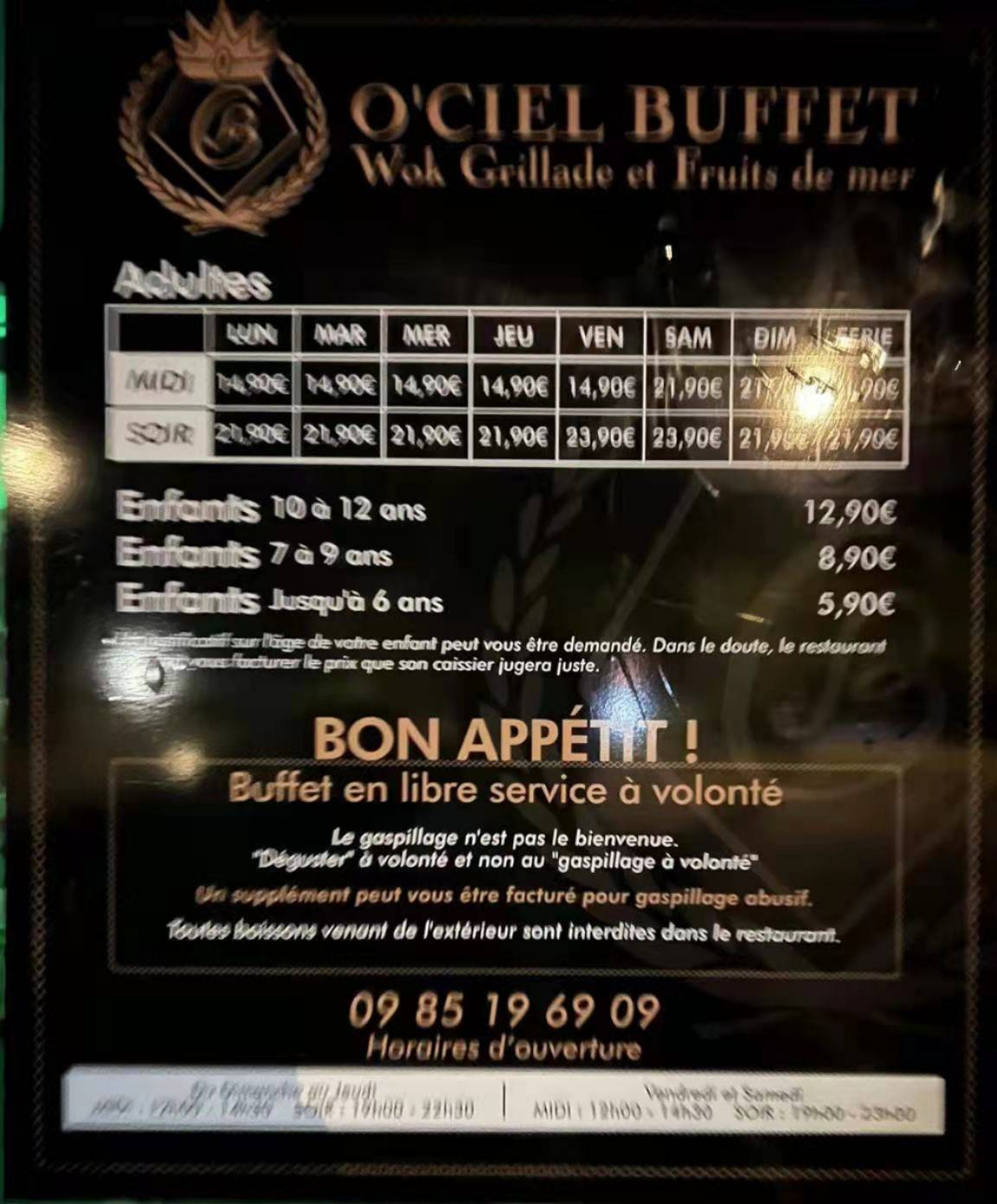Menu au O'Ciel BUFFET restaurant, Flers