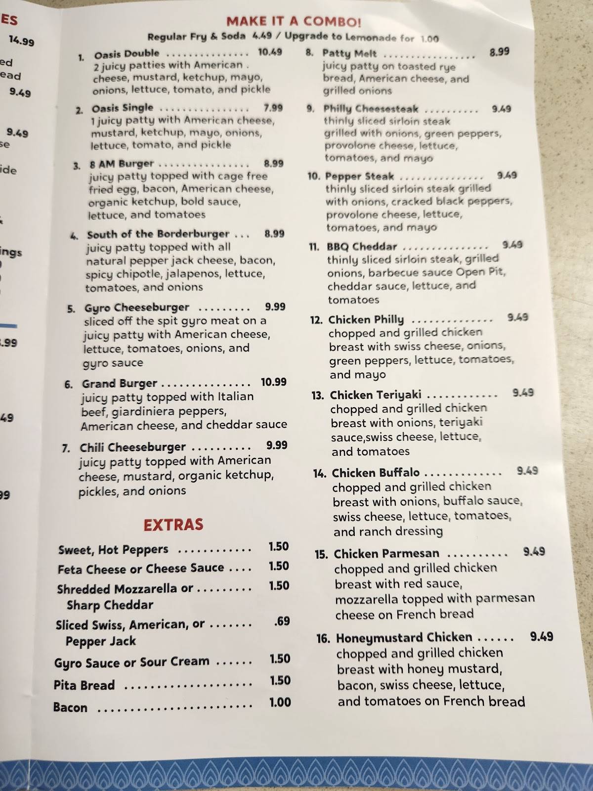 Menu at Oasis Grill restaurant, Bradley
