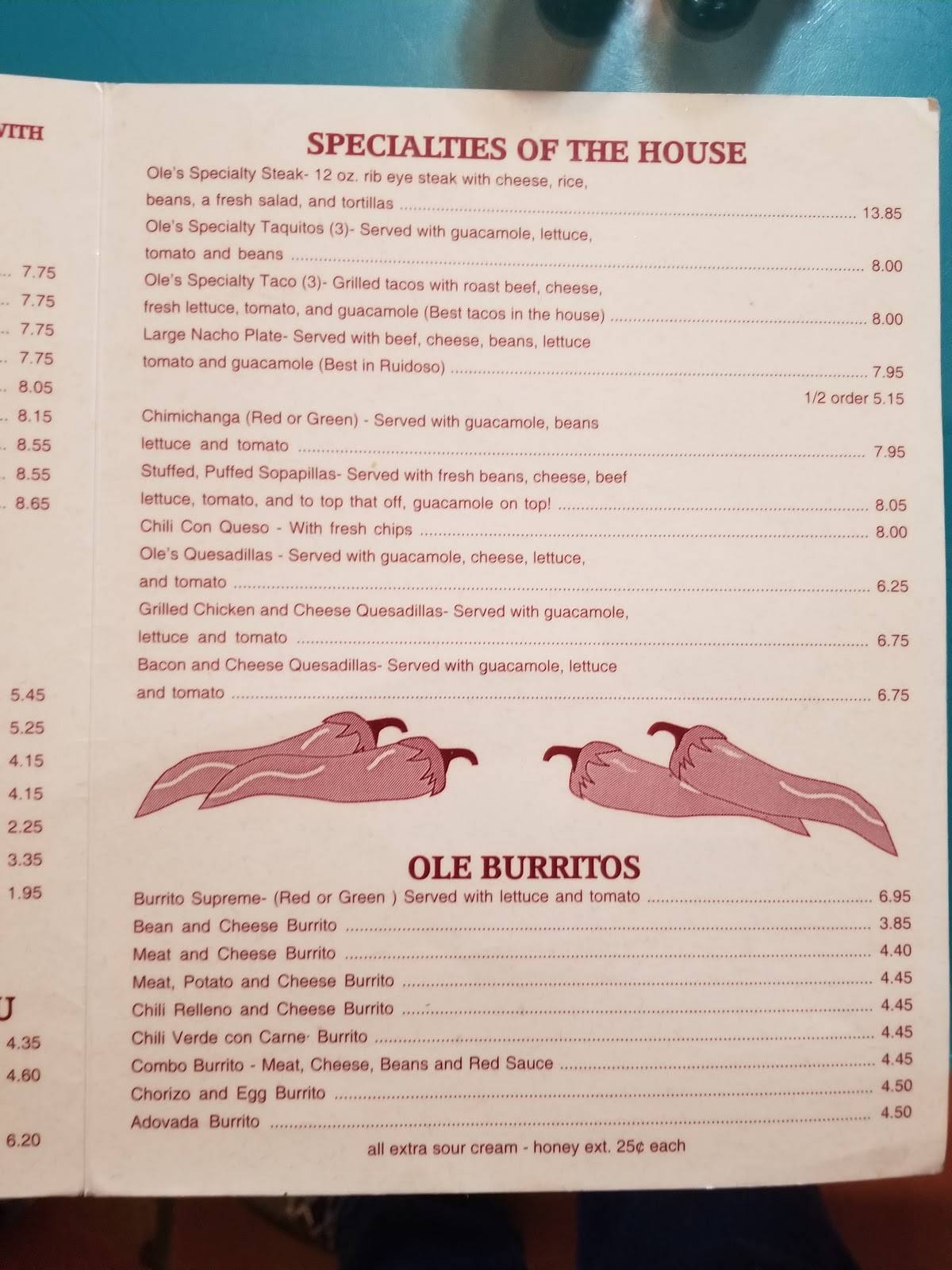 Menu at Ole Taco restaurant, Ruidoso