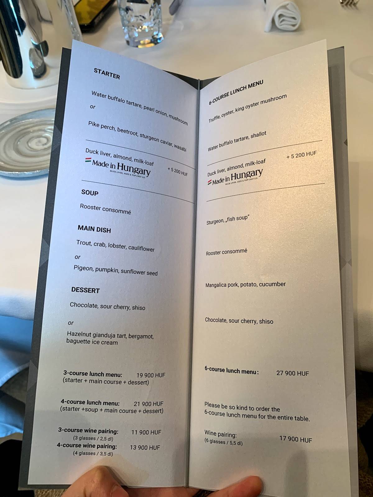 Menu at Onyx restaurant, Budapest