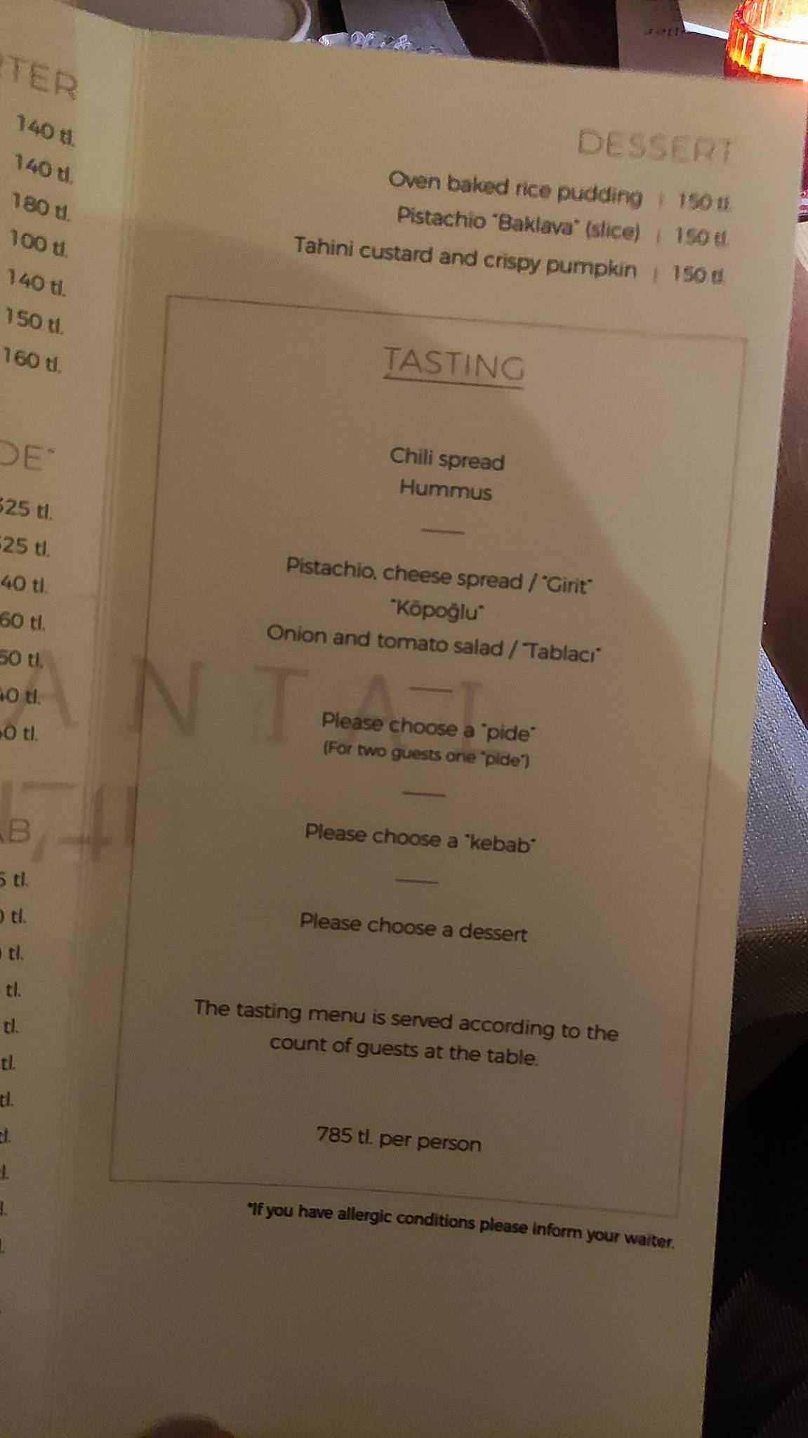 Menu at Oryantal 1741, Istanbul