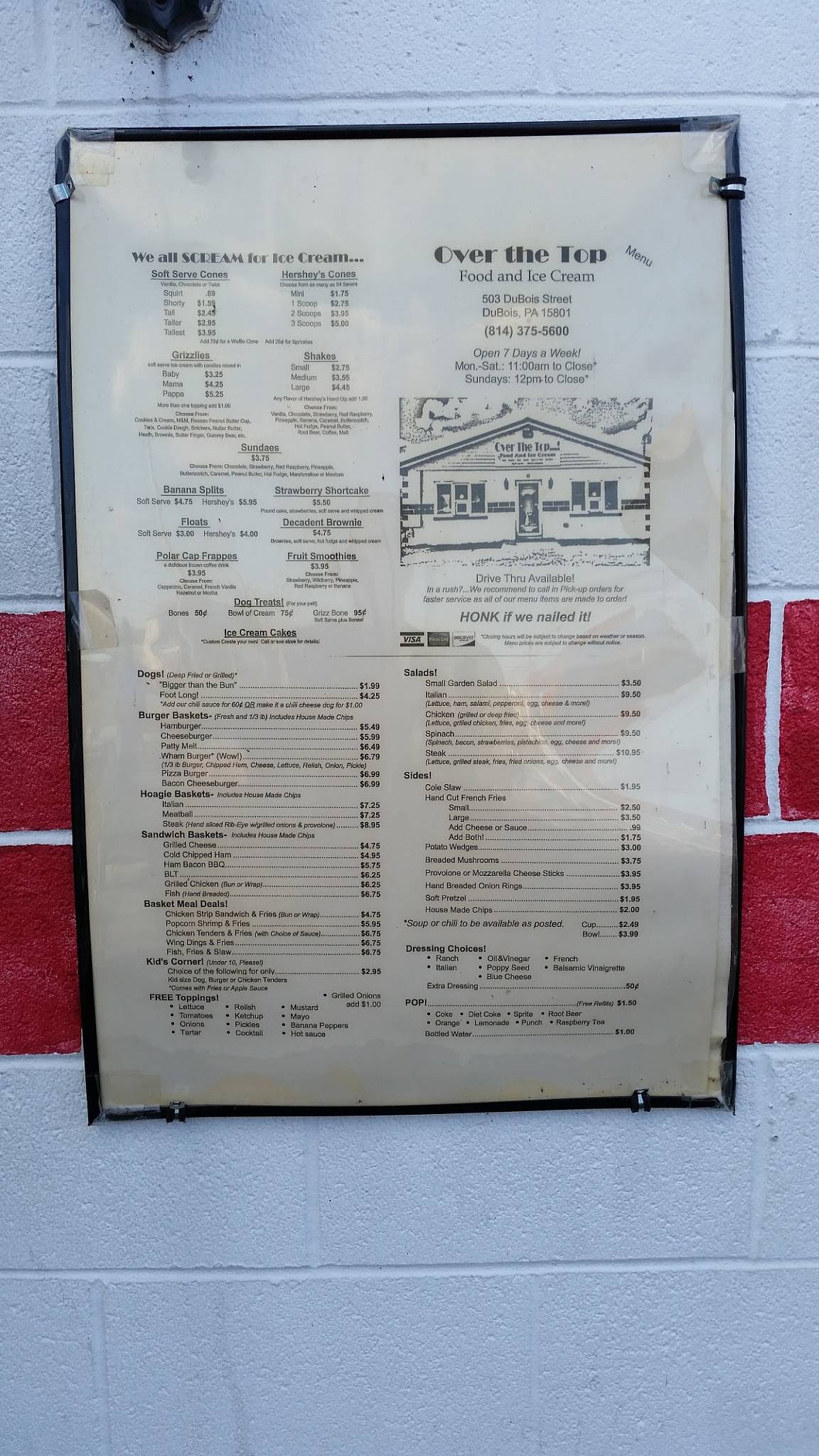 Menu at Over The Top restaurant, DuBois
