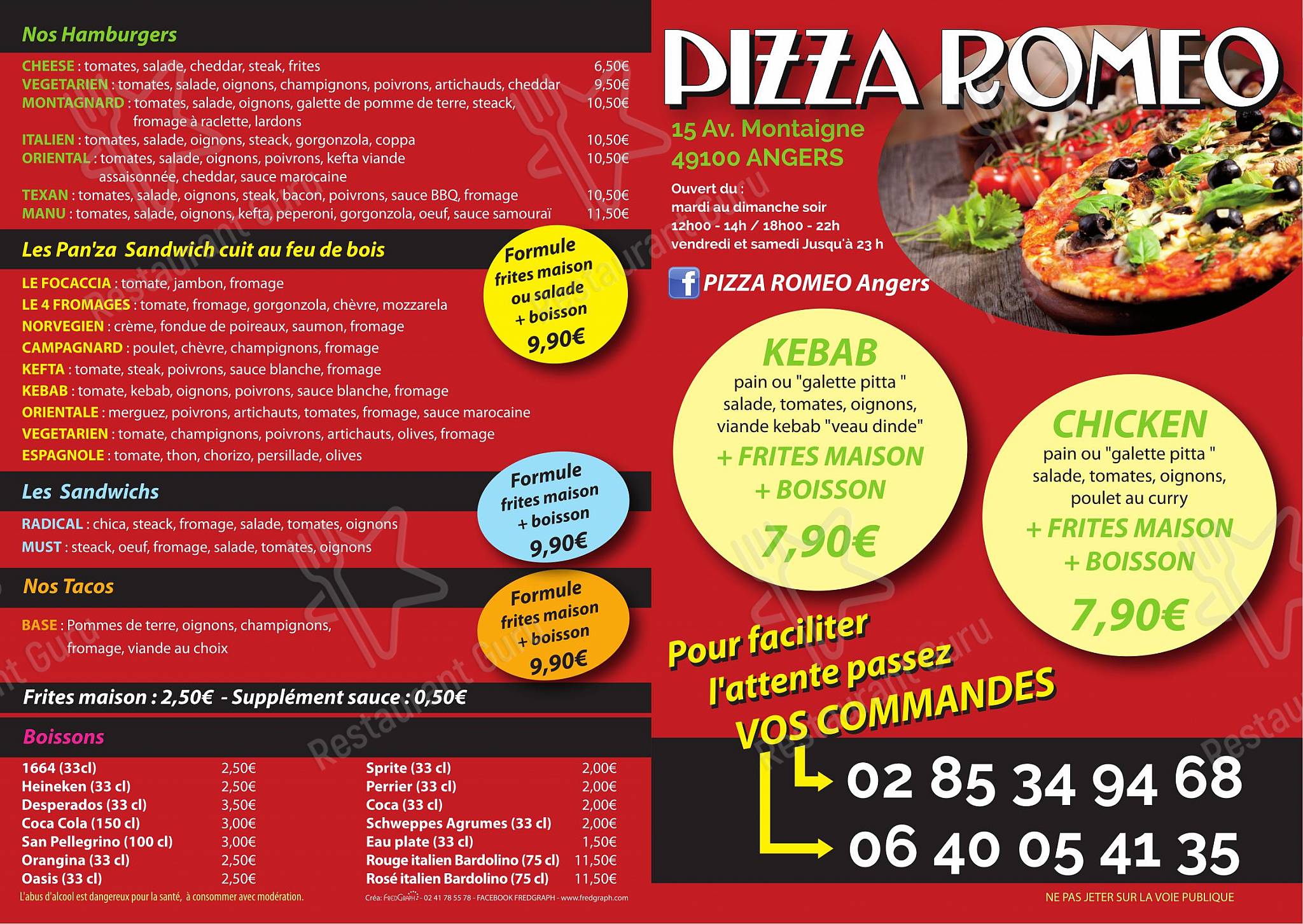 Menu au Pizza Roméo restaurant, Angers