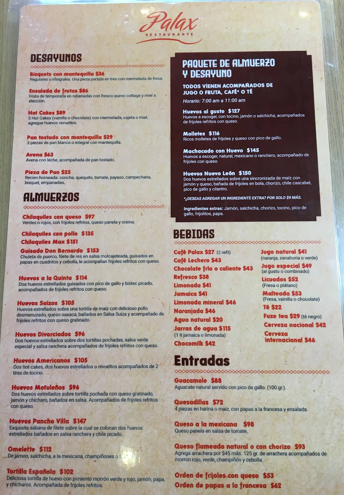 Carta de Restaurant Palax, Monterrey, Av. Francisco I. Madero 717