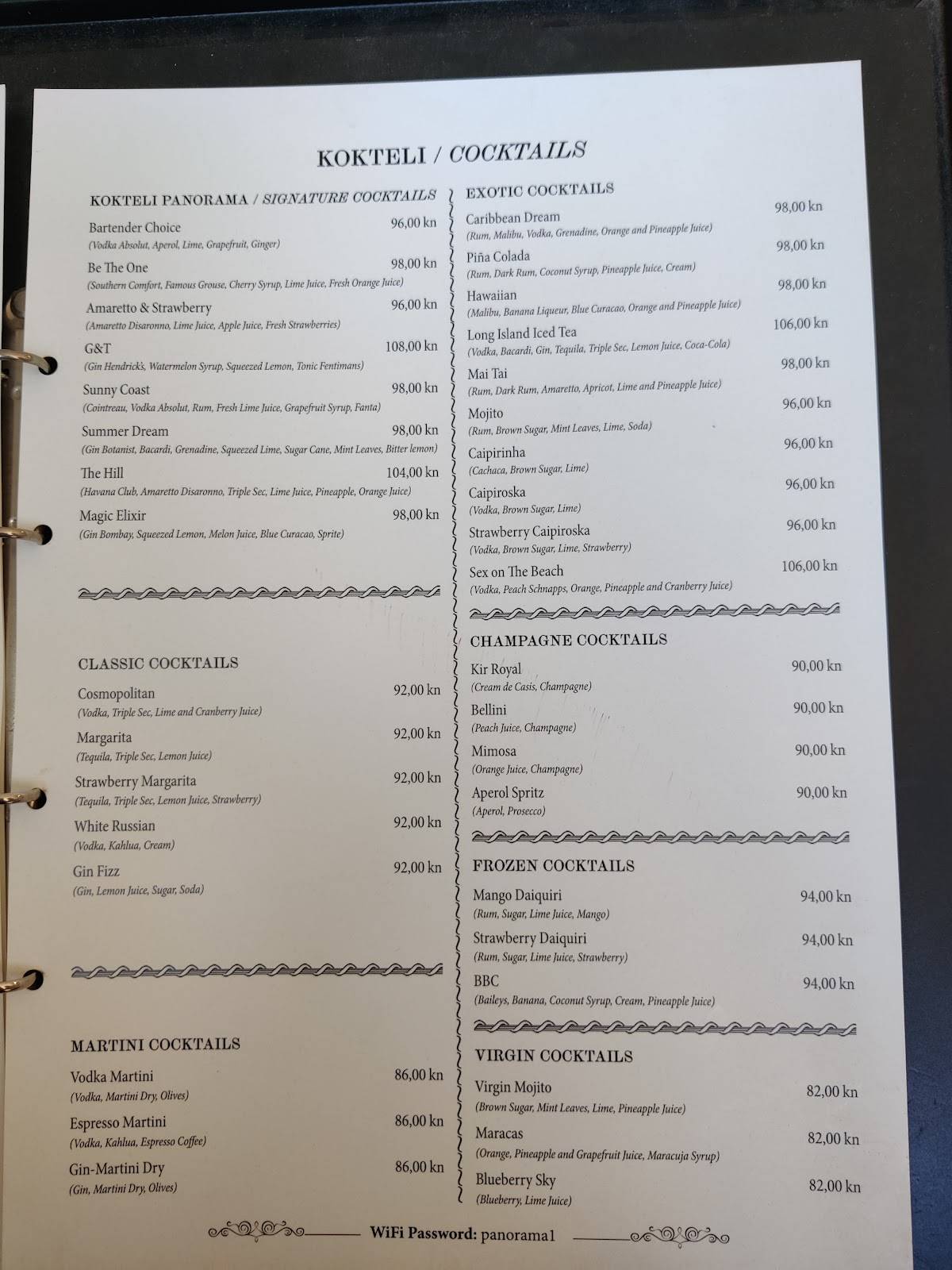 Menu at Restaurant Panorama, Dubrovnik, Srđ ul. 3