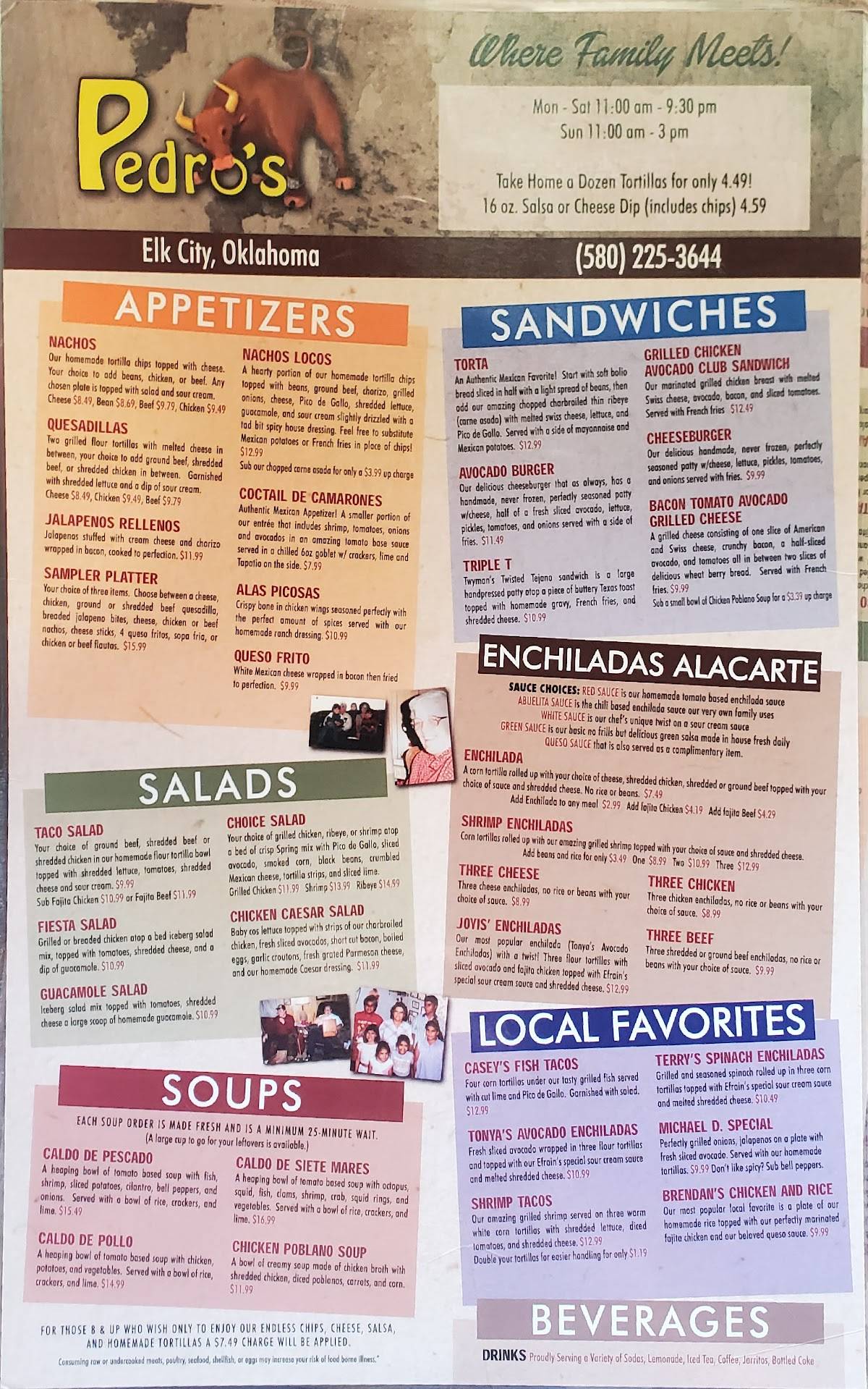 Menu at Pedro's Mexican Food restaurant, Elk City
