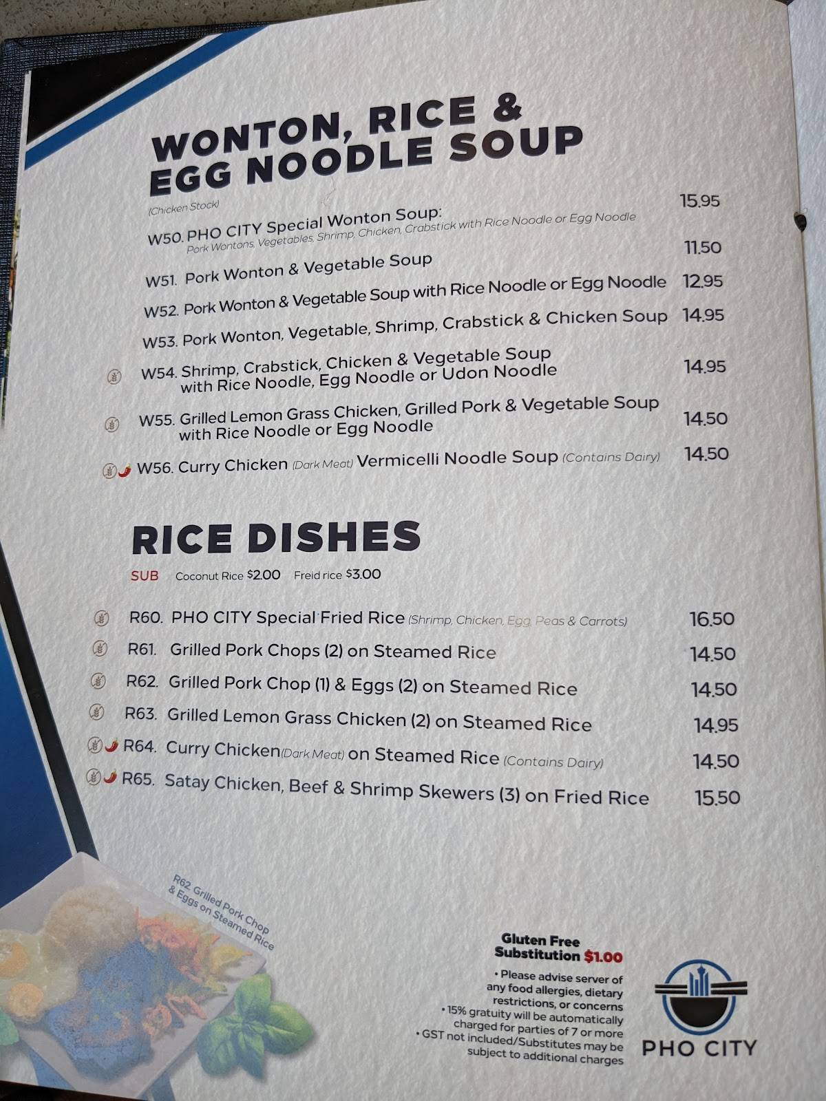 Menu at Pho City restaurant, Calgary