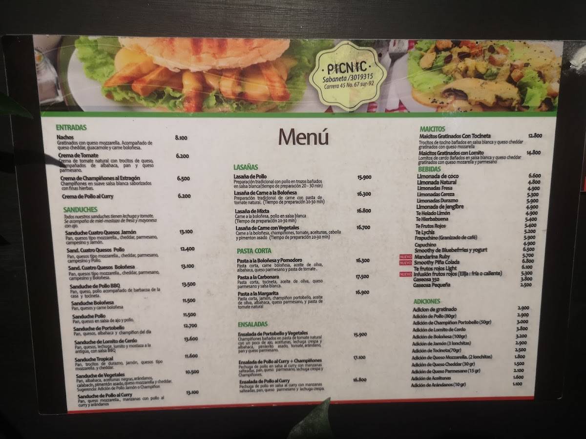 Menu at Picnic restaurant, Sabaneta
