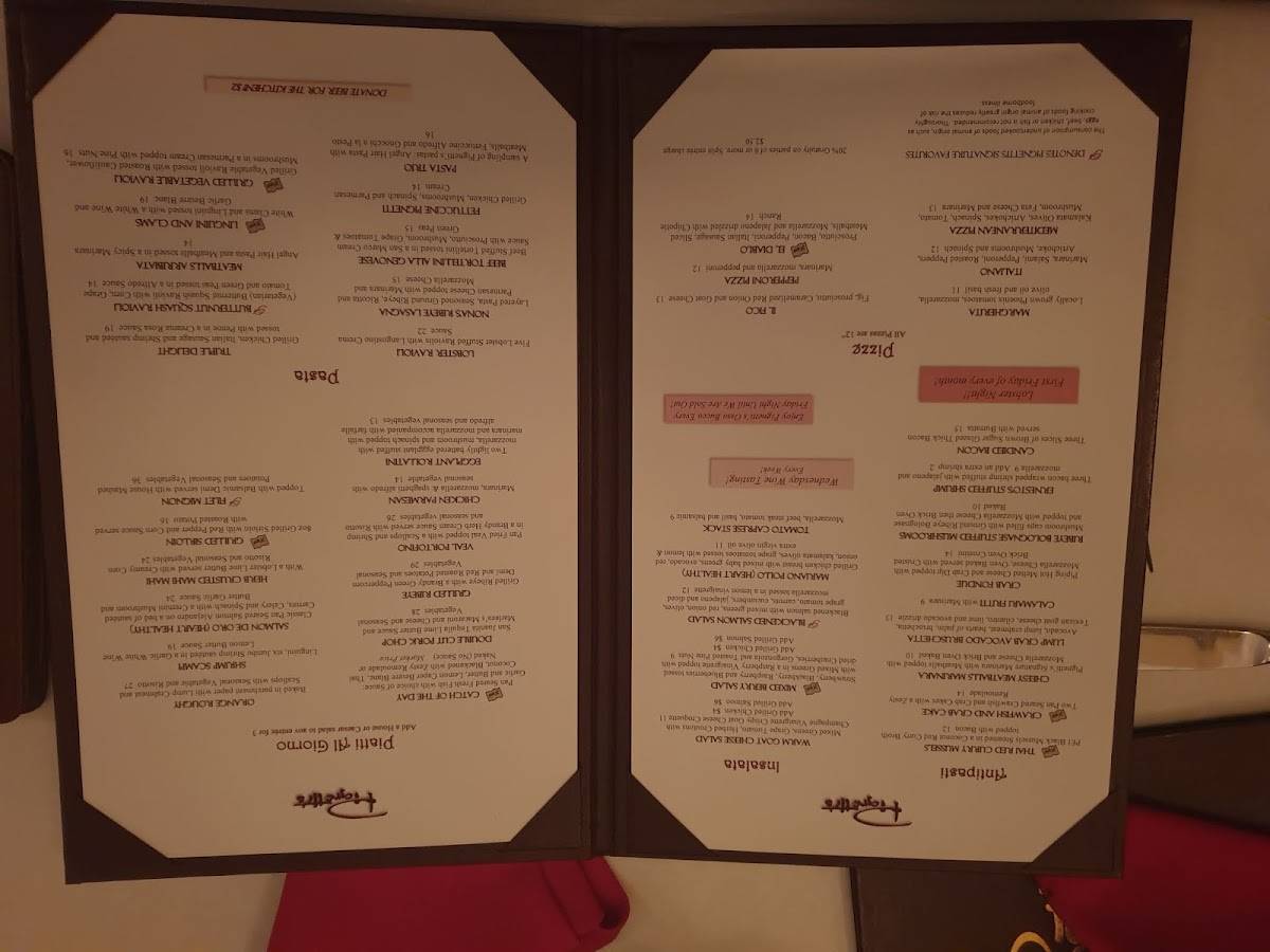 Menu at Pignetti's restaurant, Temple