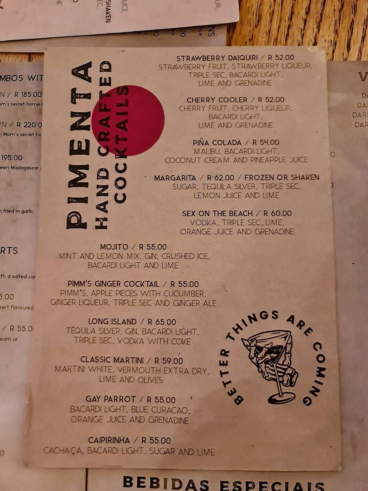 Menu at Pimenta Hand Crafted Cuisine restaurant, Klerksdorp