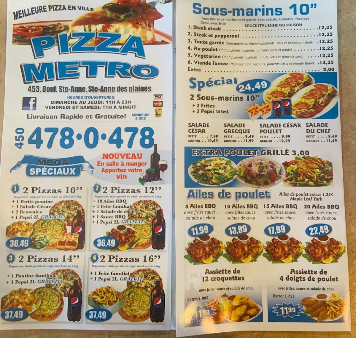Menu au Pizza Métro restaurant, Sainte-Anne-des-Plaines