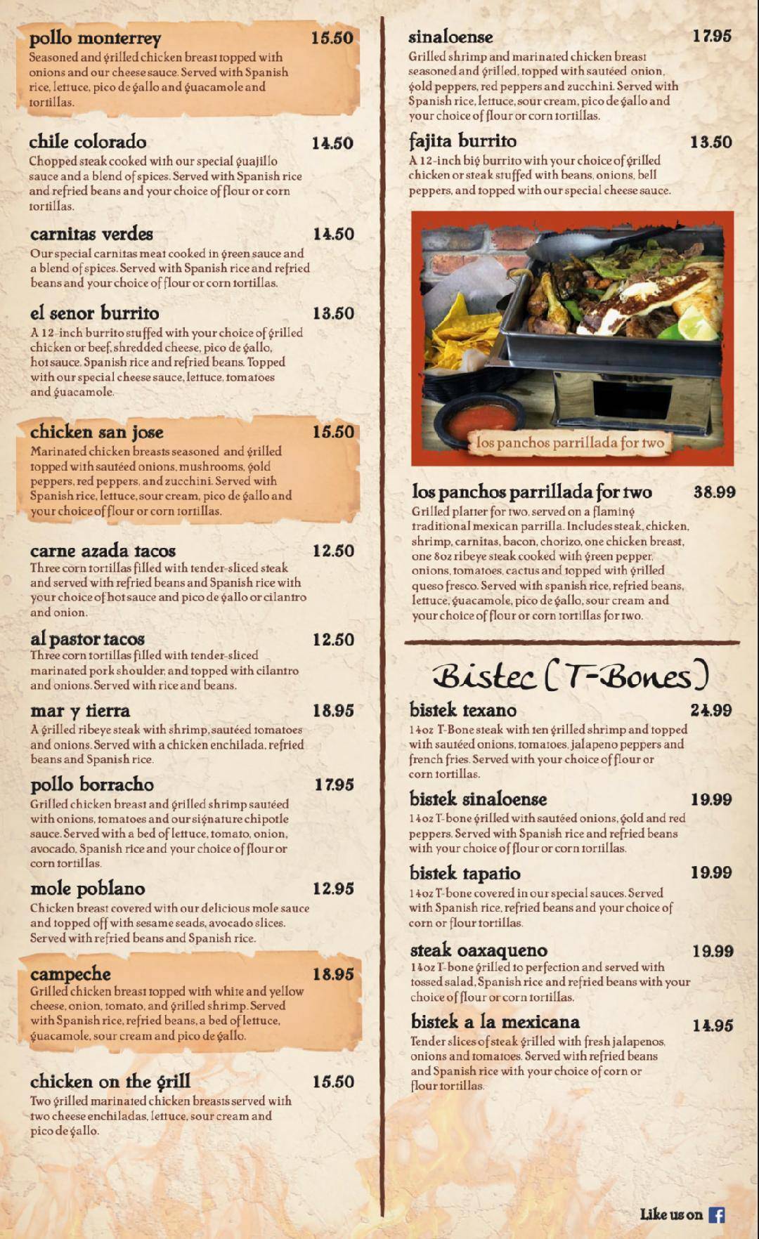 Menu at Plaza Los Panchos restaurant, Machesney Park