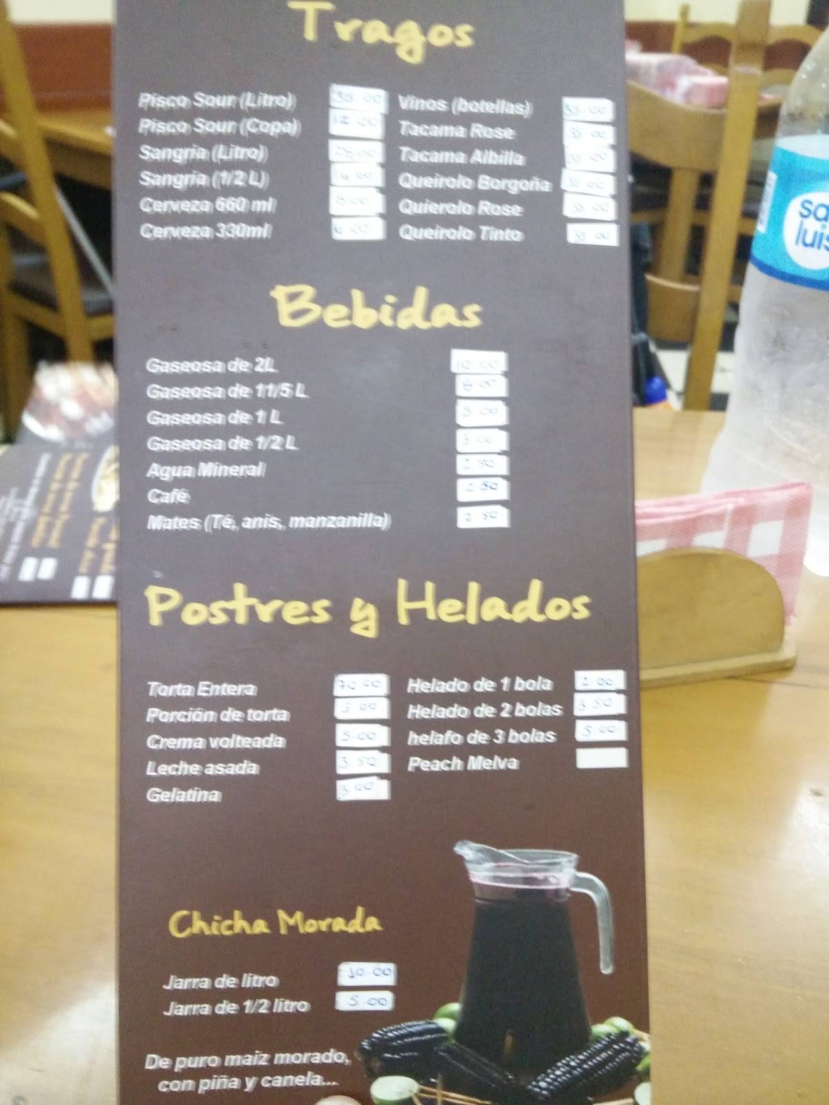 Carta del restaurante Pollería Rico Pollo, Nasca
