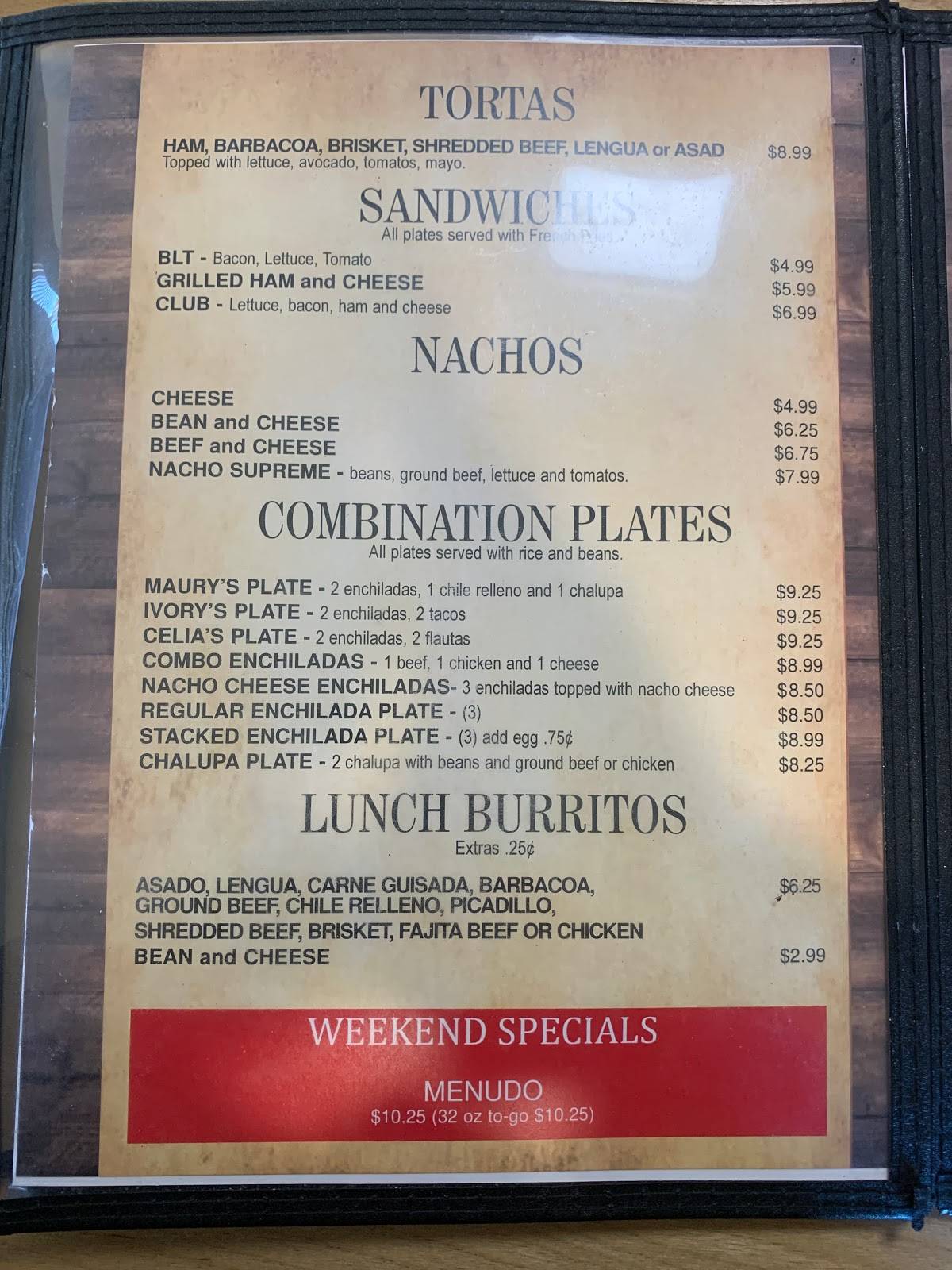 Menu at Ranchero's restaurant, Denver City
