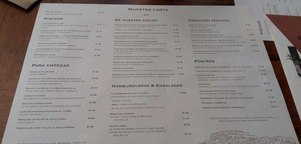 Menu at Restaurant Huaca Pucllana, Lima